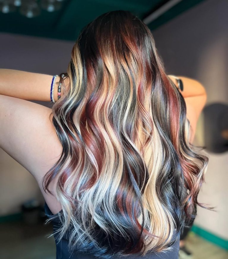 Calico Hair Color Hairstyles 2025 with Chunky Highlights, Bangs, Red ...