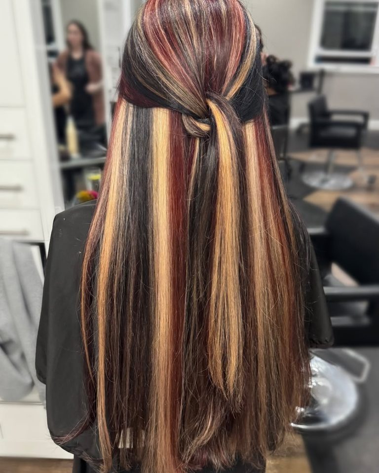 Calico Hair Color Hairstyles 2025 with Chunky Highlights, Bangs, Red ...