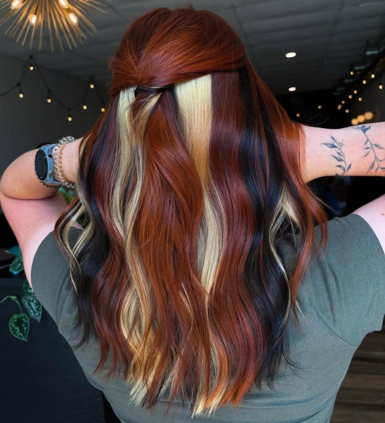 Calico Hair Color Hairstyles 2025 with Chunky Highlights, Bangs, Red ...