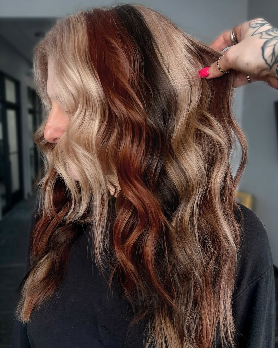 Calico Hair Ideas 2025: Blonde, Brown & Red Panels on Dark Hair Look ...