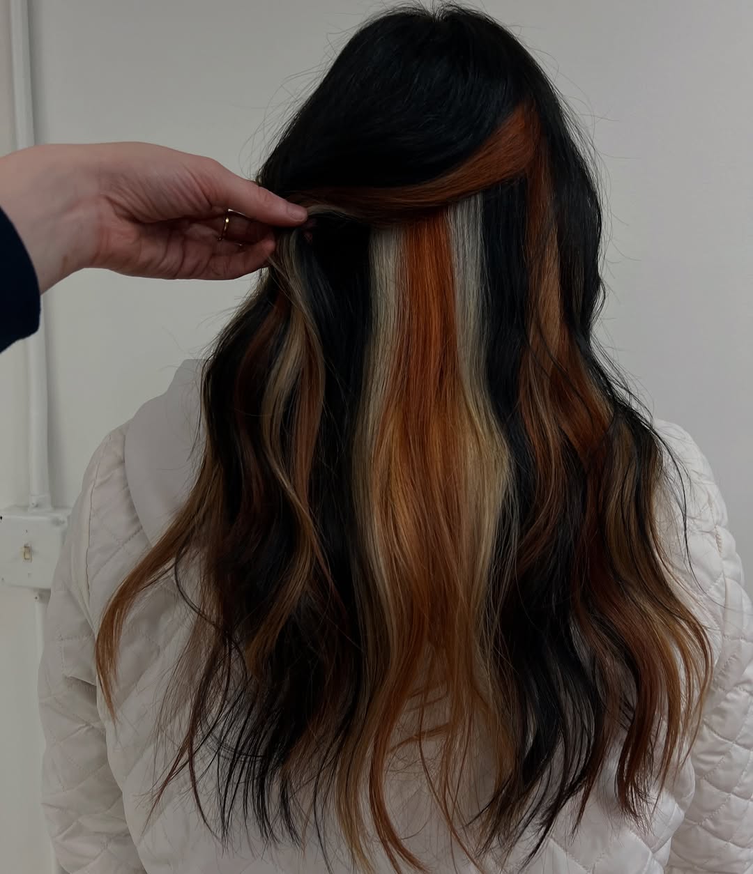 Calico Hair Ideas 2025: Blonde, Brown & Red Panels on Dark Hair Look ...