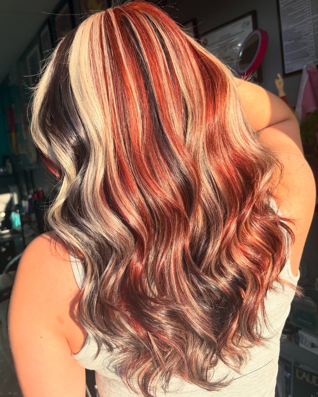 Calico Hair Ideas 2025: Blonde, Brown & Red Panels on Dark Hair Look ...